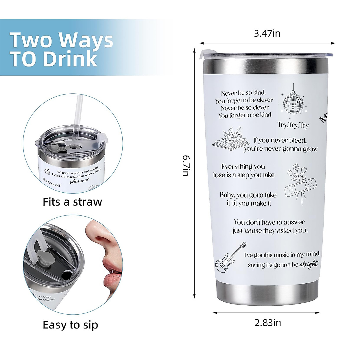 Sincerez Daily Affirmations Tumbler for Music Fans - Singer Merch Fans Gift Coffee Cup for Women Man Girls Friends Sister, Lyrics Motivational Quotes Cup, Travel Coffee Mug (20 oz)