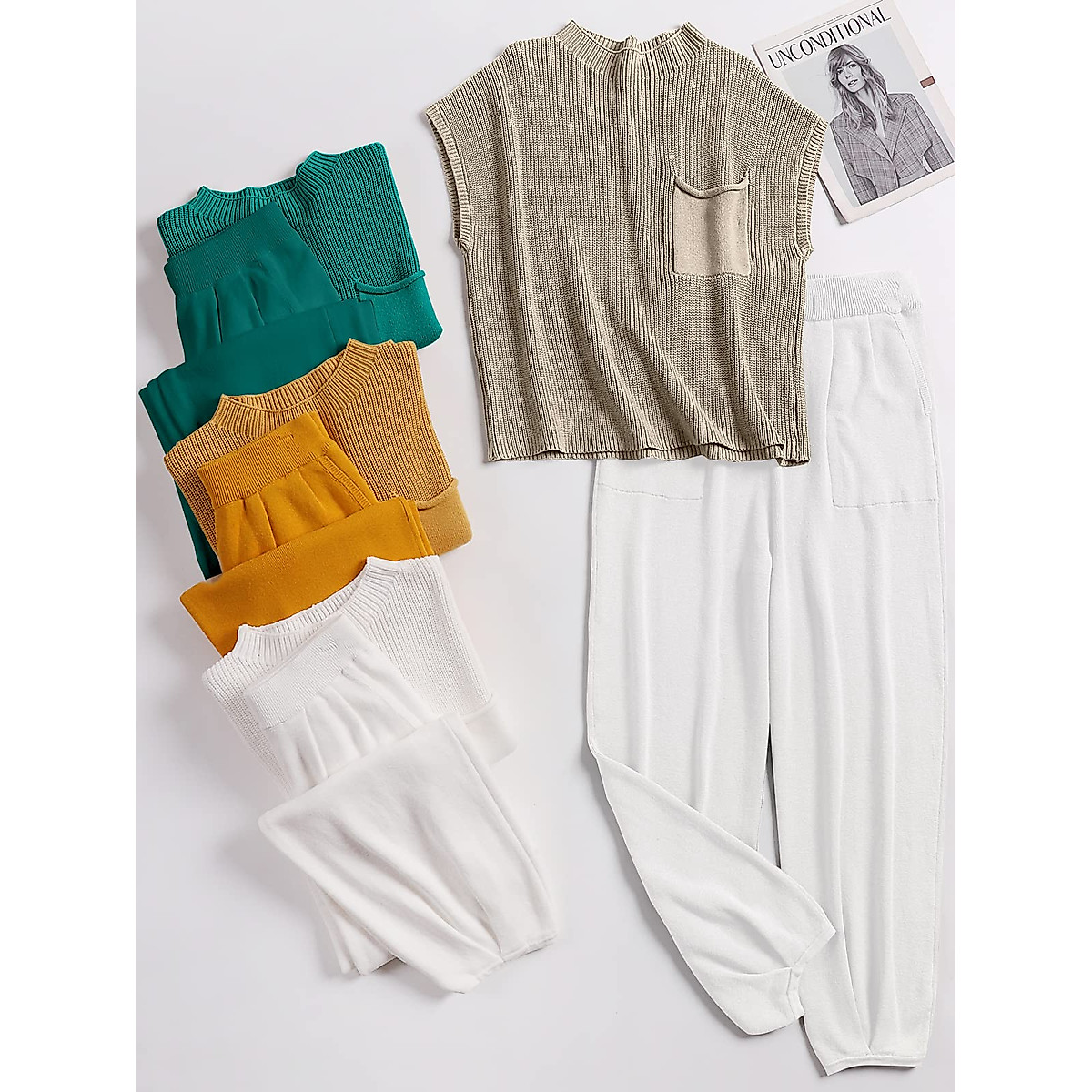 ANRABESS Women's Two Piece Outfits Knit Sweater Pullover Crop Top & Pants Lounge Matching Tracksuit Sweatsuit Sets 2024 Trendy Loungewear Clothes Khaki White X-Large