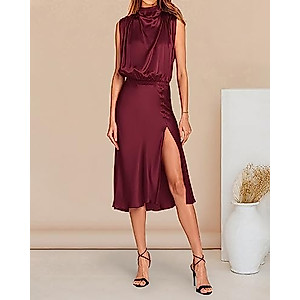 PRETTYGARDEN Women Summer Formal Mock Neck Sleeveless Satin Dress Elastic Waist Slit Midi Wedding Guest Dresses 2023(Solid Deep Red,Small)