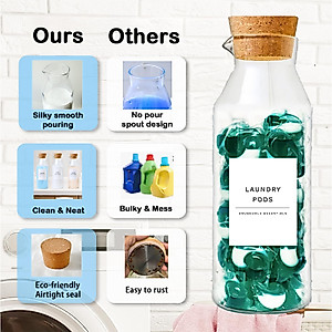 Glass Laundry Detergent Dispenser Set with Cork Lids, Fabric Softener Dispenser, Easy Pour 3 Pack Laundry Bottles, Liquid Detergent Containers, Scent Booster & Bleach Dispenser for Laundry Room