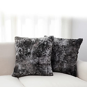 Cheer Collection Faux Fur Throw Pillow Set of 2 for Couch, Beds, Bedroom and Living Room - Ultra Soft and Cozy, Elegant Home Decor, Stylish Accent Pillows - 18" x 18", Gray & White