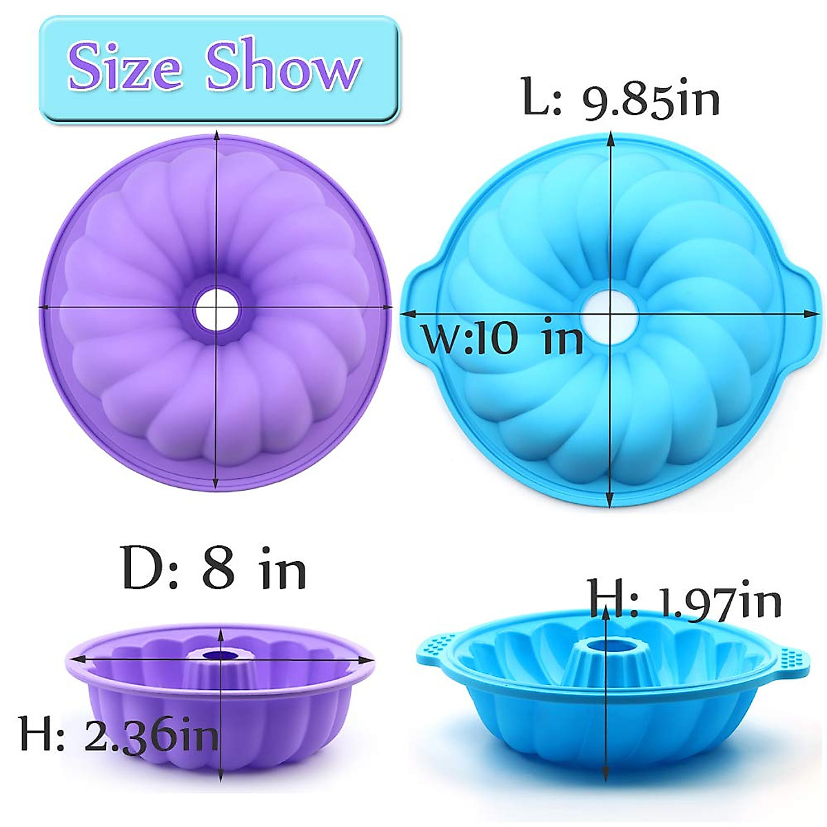 AILEHOPY Silicone Bundt Cake Pan - 8-10Inch Round Fluted Tube Cake Baking Molds，Non-stick Food Grade Silicone Mold For Gelatin, Bread, Jello, Chiffon, 2Pack