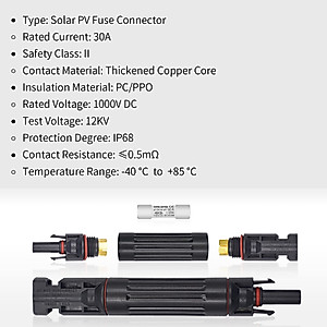 Poyiccot 30A Solar Inline Fuse Holder Connector, 1000V DC Waterproof in-line Fuse Holder, Solar Fuse Connector for Solar Panel and Solar Controller, with 10X38mm Fuse, 1pcs