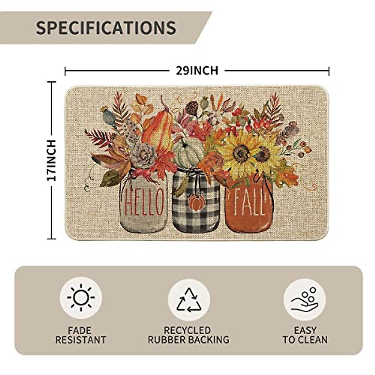 Artoid Mode Hello Fall Vases Decorative Doormat, Thanksgiving Pumpkin Sunflower Flower Low-Profile Floor Switch Mat for Indoor Outdoor 17x29 Inch