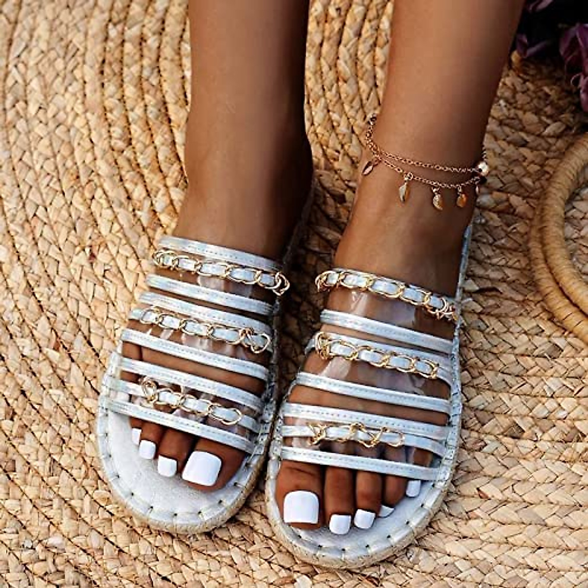 Coerni Ladies Fashion Transparent PVC Metal Chain Decorative Round Top Thick Bottom Straw Sandals Yeah Slippers Women (Silver, 6.5)