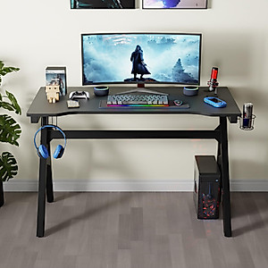 PayLessHere 47 Inch Gaming Desk PC Carbon Fiber Table Ultimate Gamer Workstation with Cup Holder & Headphone Hook for Home Office,Blue (Blue)