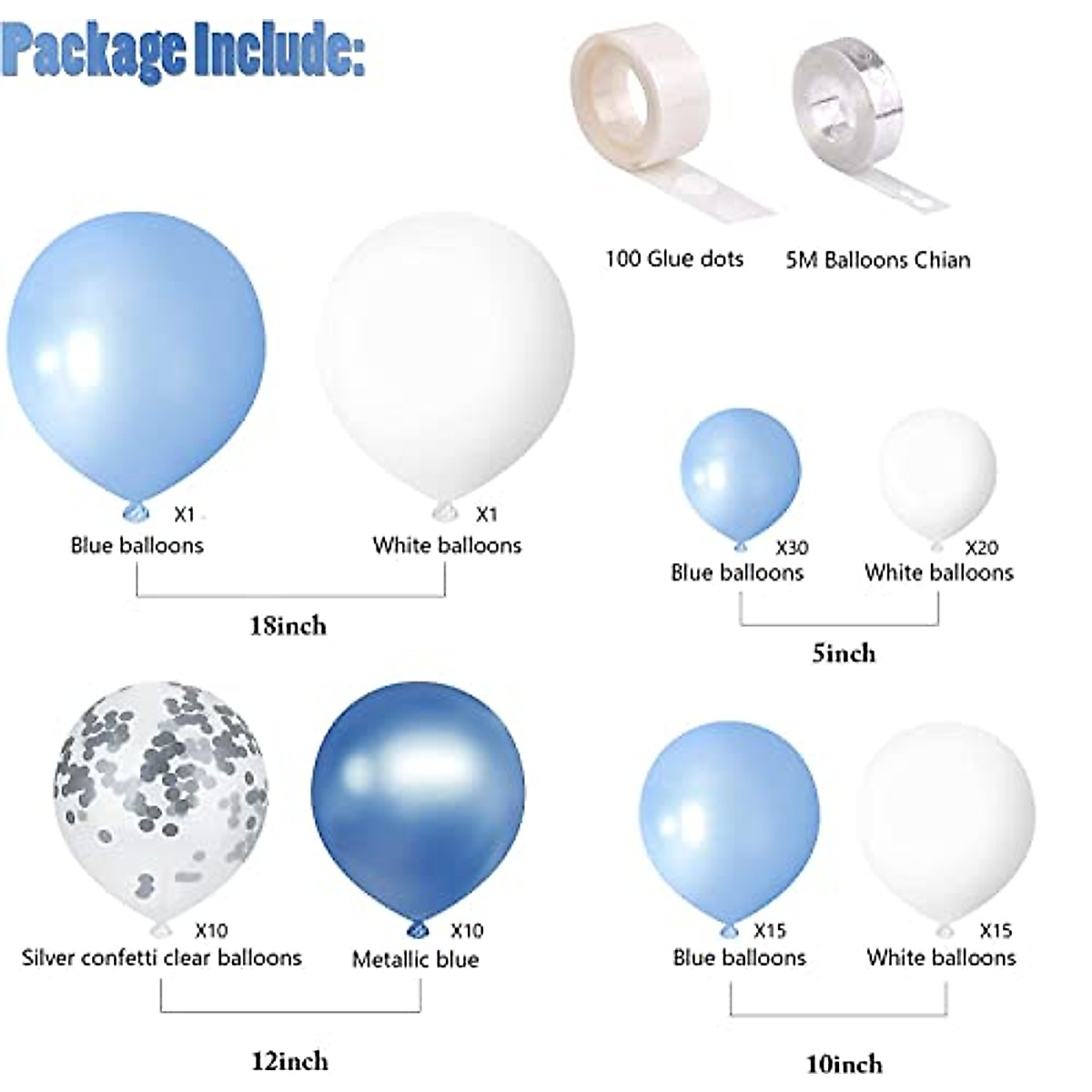 Blue and White Balloons, Blue White Balloon Garland Arch Kit, 102 pcs Pastel Blue White Balloons for Baby Shower Birthday Wedding Party Decorations