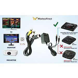 WirelessFinest Audio Video RCA AV Cable Adapter Cord + AC Power Supply To External TV Screen Monitor For SEGA Genesis 1 Original MK1601 First 16 Bit Version ONLY Gaming Systems Console Game Bundle Set