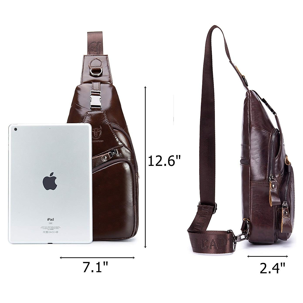 BULLCAPTAIN Leather Men Sling Bag Casual Crossbody Chest Bags Travel Daypack (Brown)