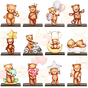Barydat 12 Pcs Bear Party Decorations Teddy Bear Wooden Table Centerpiece Bear Baby Shower Decor Table Toppers Bear Theme Birthday Gender Reveal Party Supplies for Boys Kids Baby Shower Nursery Party