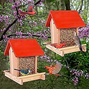 Wooden Bird Feeders for Outdoors Hanging, Hanging Wild Birdfeeder, Large Capacity Weatherproof Window Bird Feeder, Patio Garden Decoration with Drainage Hole (red Pine)