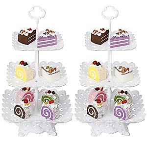 Cupcake Stand, 3-Tier Dessert Plates Mini Cakes Fruit Candy Display Tower Cookie Tray Rack Candy Buffet Holder Plastic Cake Stand for Wedding Home Holiday Birthday Christmas (2PCS Square)