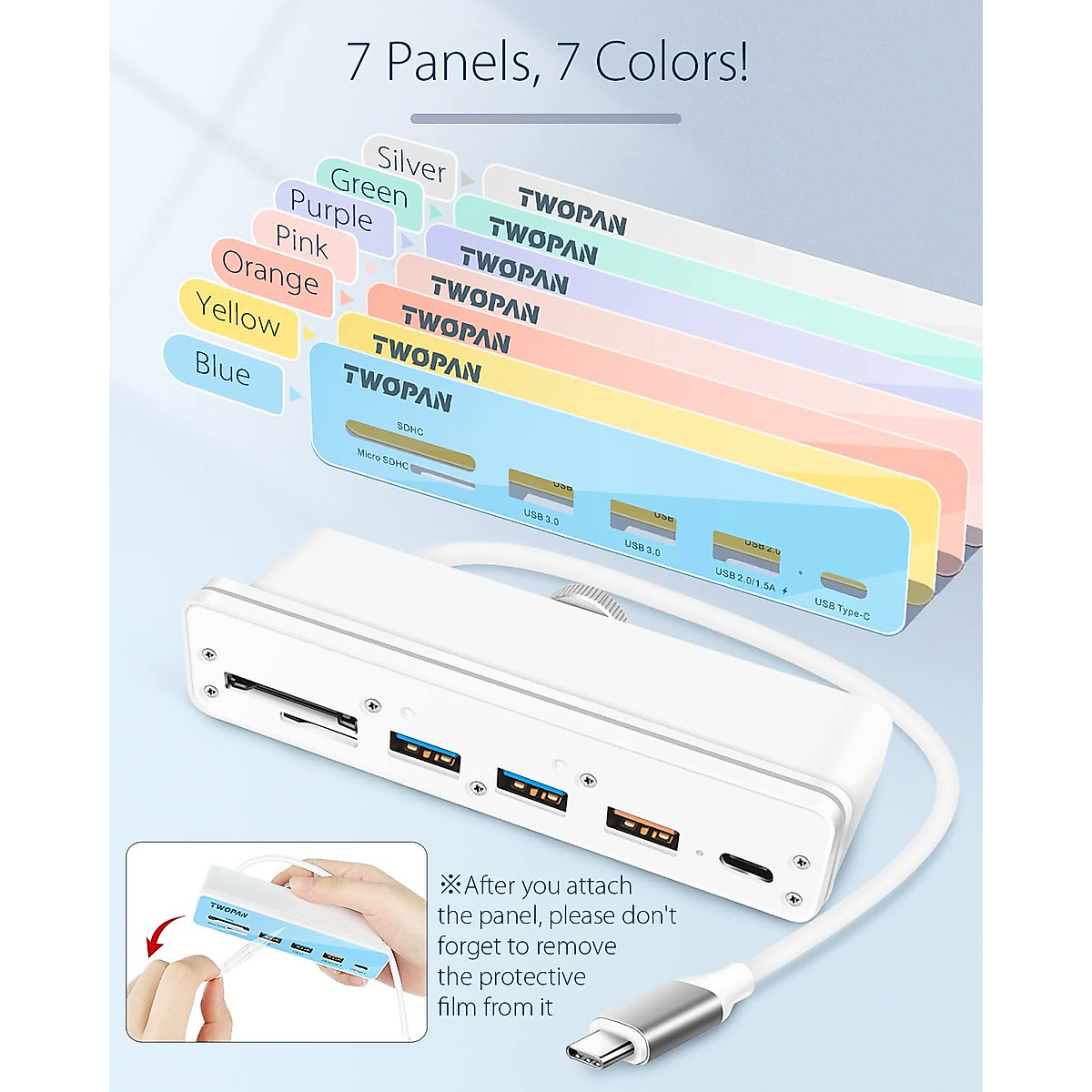 TWOPAN USB C Hub Multiport Adapter for iMac, 6 in 1 USB C to USB Adapter iMac 2024/2023/2021 iMac M4/M3/M1, USB Port Hub with USB 3.0 Ports, SD, MicroSD Card Readers & 7 Color Panels