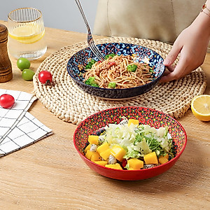 KitchenTour Pasta Bowls, 30 oz Large Ceramic Salad Bowls Set of 6, Colorful Porcelain Serving Bowl Set - 8.2 Inch Wide and Shallow Bowl for Kitchen - Dishwasher and Microwave Safe