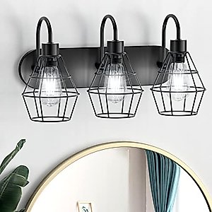 Elibbren Retro Style Industrial Bathroom Vanity Light 3 Lights, Vintage Matte Black Wall Sconce with Caged, E26 Base Farmhouse Bathroom Wall Light Fixture for Bathroom Vanity,UL Listed