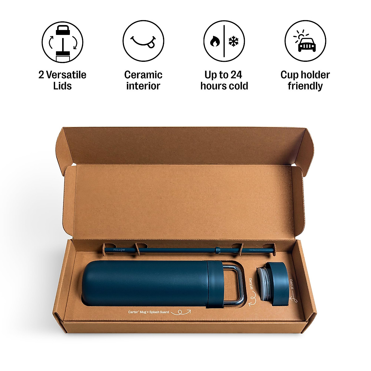 Fellow 20 oz Carter Water Bottle with 2 Lids - Leak-Proof Lid with Metal Handle - Cold Lid with Straw - Ceramic Interior & Vacuum-Insulated Stainless Steel - Stone Blue