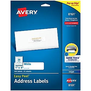 Avery Easy Peel Printable Address Labels with Sure Feed, 1" x 4", White, 500 Blank Mailing Labels (08161)