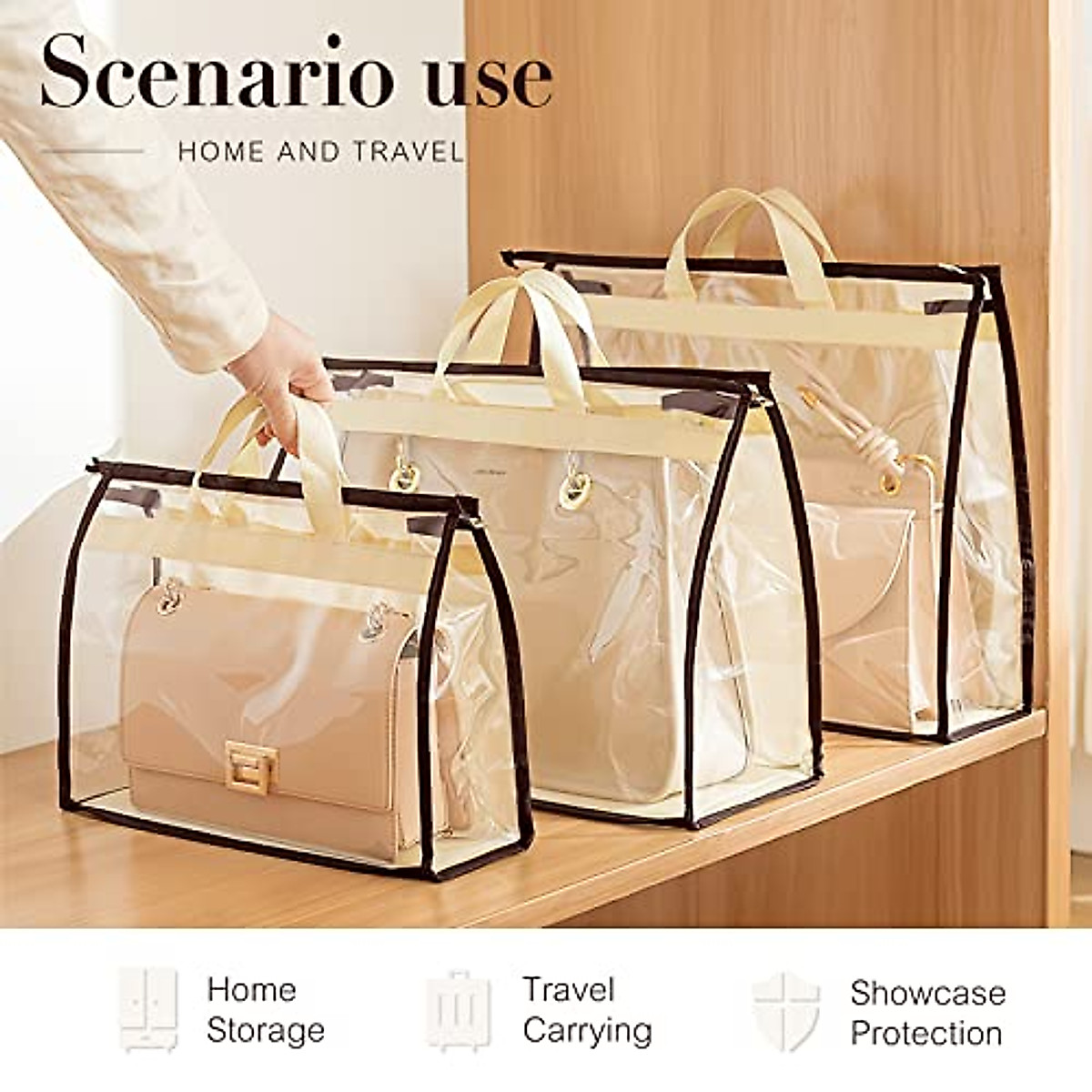 Uizokequq 10 Pack Dust bag for handbag - 4 Sizes Clear Purse Storage Organizer for Closet, Hanging Zipper Closet Organizers and Storage, Beige