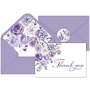 Whaline 24Pcs Lavender Floral Thank You Cards with Envelopes and Stickers Purple Floral Greeting Cards Elegant Flower Blank Note Cards for Party Supplies
