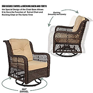 ZyduzscAC Wow Direct 3 Pieces Swivel Rocking Wicker Patio Furniture Bistro Set, Outdoor and Indoor Rocking Chair Set, 4.7" Beige Cushioned 2 Swivel Rocking Patio Chairs and 1 Glass Side Table