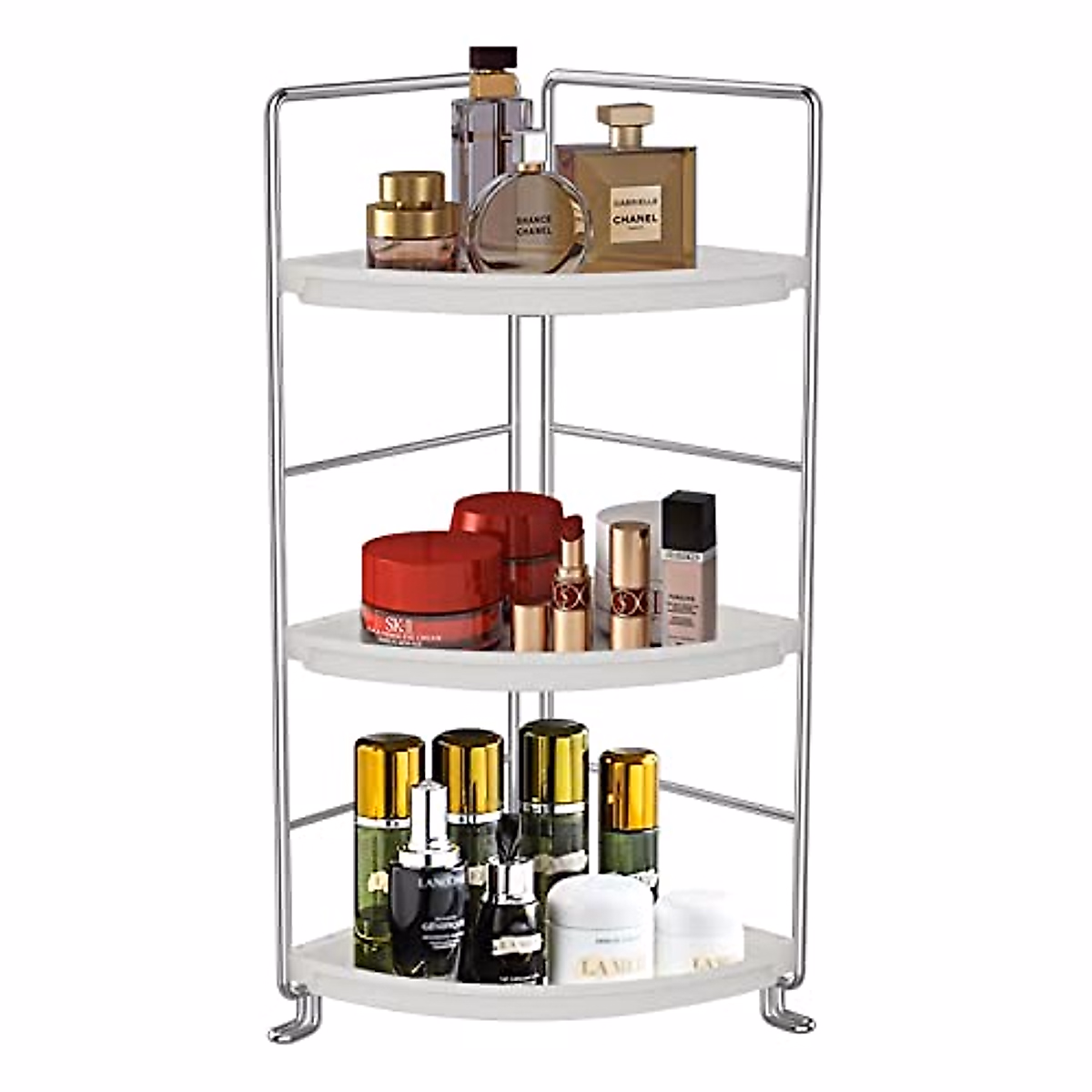 Sekepingo 3-Tier Corner Bathroom Counter Shelf Stackable Perfume Storage Holder Makeup Countertop Organizer Standing Vanity Tray Kitchen Spice Rack,White and Silver