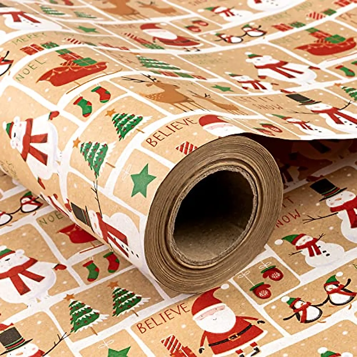 RUSPEPA Christmas Wrapping Paper, Jumbo Roll Kraft Paper - Red and Green Santa Claus, Polar Bear, Penguin, Snowman, Reindeer and Sleigh Design for Holiday Gift Wrap - 30 Inches x 100 Feet