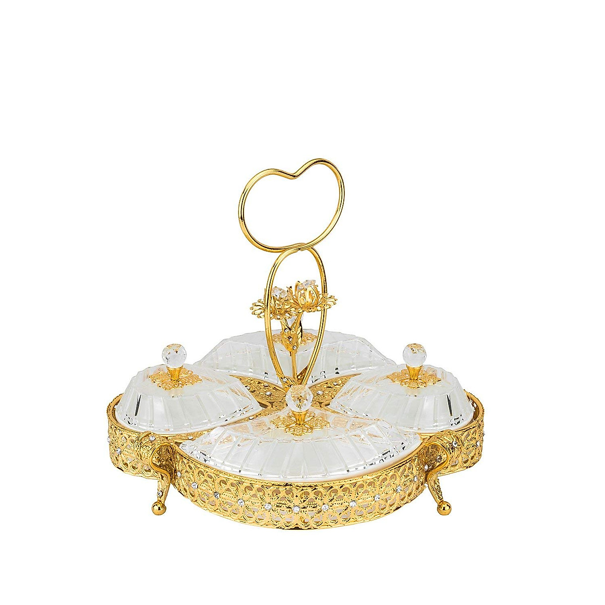 Sectional Serving Tray w/ 4 Removable Ceramic Dish Dip Bowls - Dessert Snack Cheese Platter Filigree Gold Frame w/ Jeweled Accents