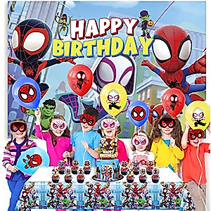 56PCS Spidey and His Amazing Friends Party Supplies,Spidey Happy Birthday Party Supplies Include Banner,Tablecloths,Masks,BackDrop, Ballon, Cake Topper and Cupcake Topper,Birthday Party Supplies Decorations for Boys and Girls