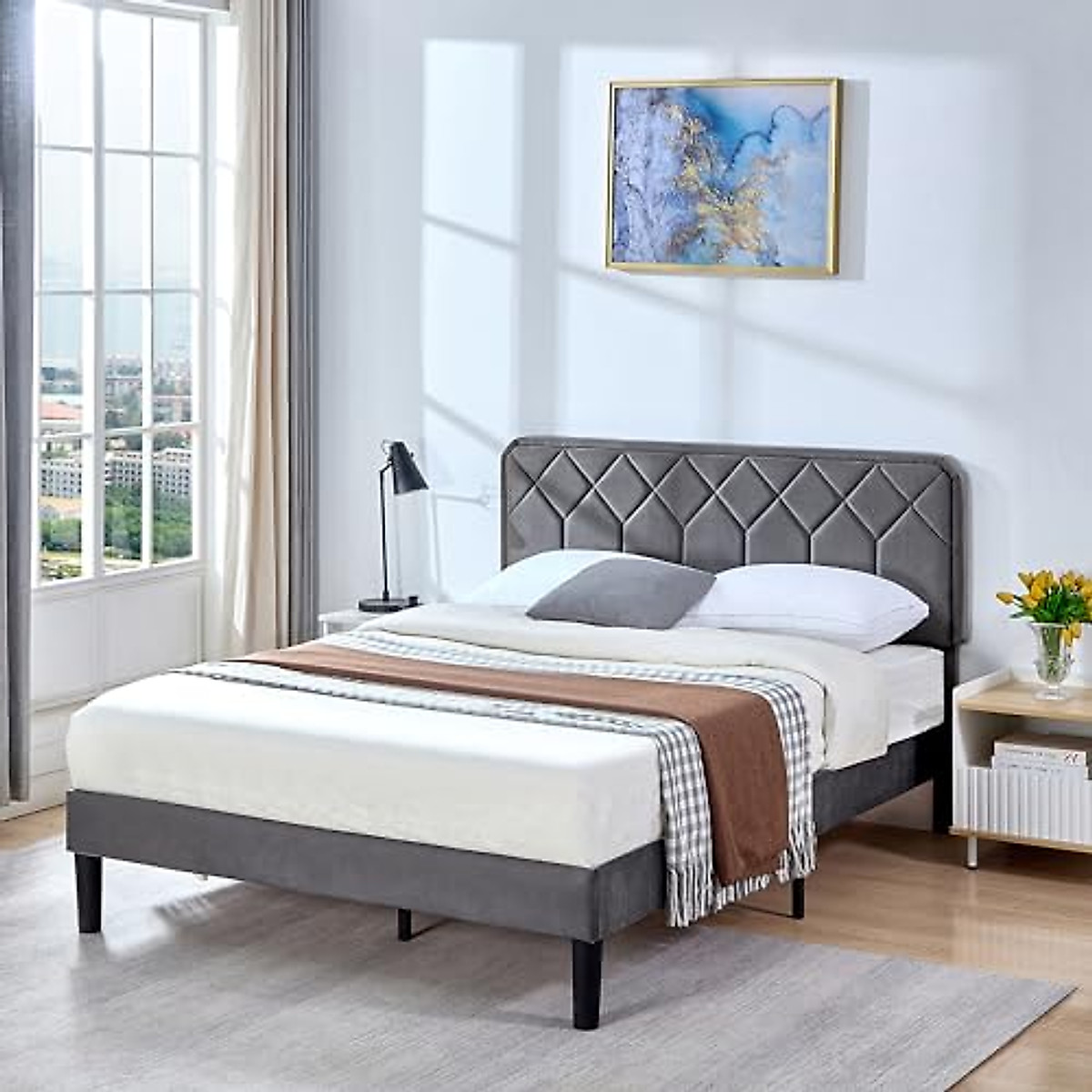VECELO Queen Size Bed Frame Premium Upholstered Platform with Height Adjustable Headboard/Mattress Foundation Solid Wooden Slat Support, No Box Spring Needed/Easy Assembly, Dark Grey