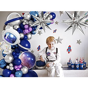 Amandir139pcs Space Balloon Garland Arch Kit - Outer Space Birthday Decorations with Blue Purple Silver Galaxy Astronaut Foil Balloons for Boys Kids Space Themed Birthday Party Decoration Supplies
