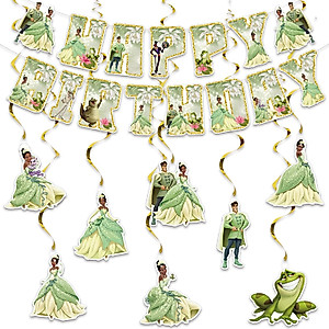 Princess Frog Birthday Decorations,Princess Party Decorations Banner and Hanging Swirls Party Supplies,Boys and Girls Happy Birthday Banners Decor