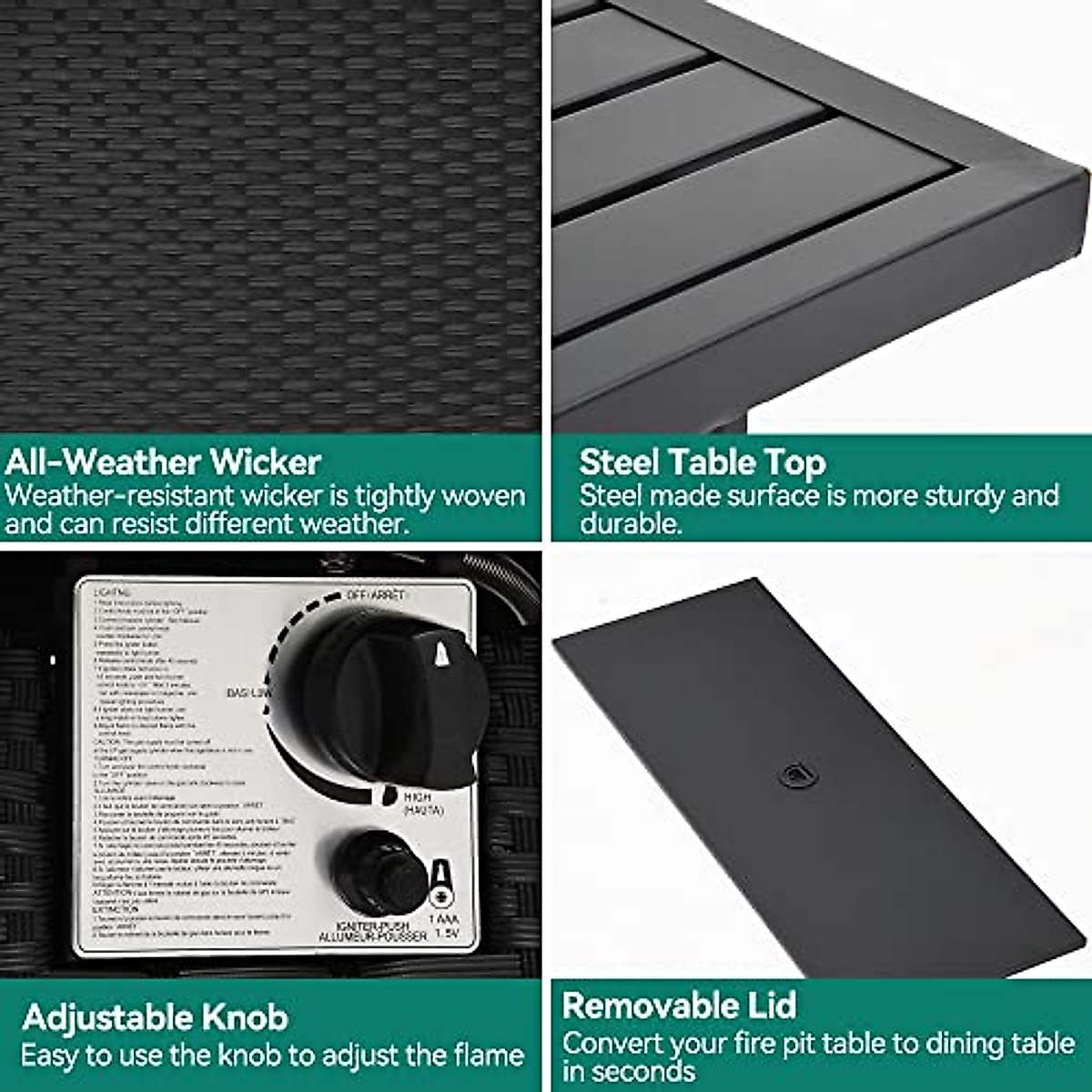 YITAHOME 42in 50,000 BTU Outdoor Propane Gas Fire Pit Table, CSA Approved Pull-Out Steel Tabletop PE Rattan Auto-Ignition Gas Firepit with Removable Lid, Glass Wind Guard, Glass Rock & Cover, (Black)