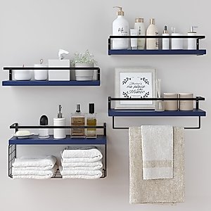 LUDORU Wood Floating Shelves Wall Mounted - 4+1 Tier Rustic Bathroom Wall Shelves Over Toilet with Wire Storage Basket and Towel Bar, set of 4 Farmhouse Floating Shelf for Bathroom, Kitchen,Navy Blue.