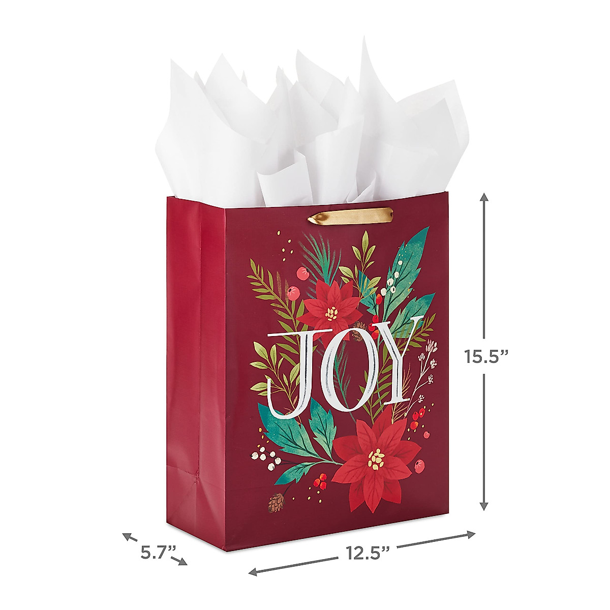 Hallmark 15" Extra Large Christmas Gift Bag with Tissue Paper (Dark Red with Poinsettia Flowers, "JOY") for Mom, Sister, Grandmother, Wife, Teacher, Boss