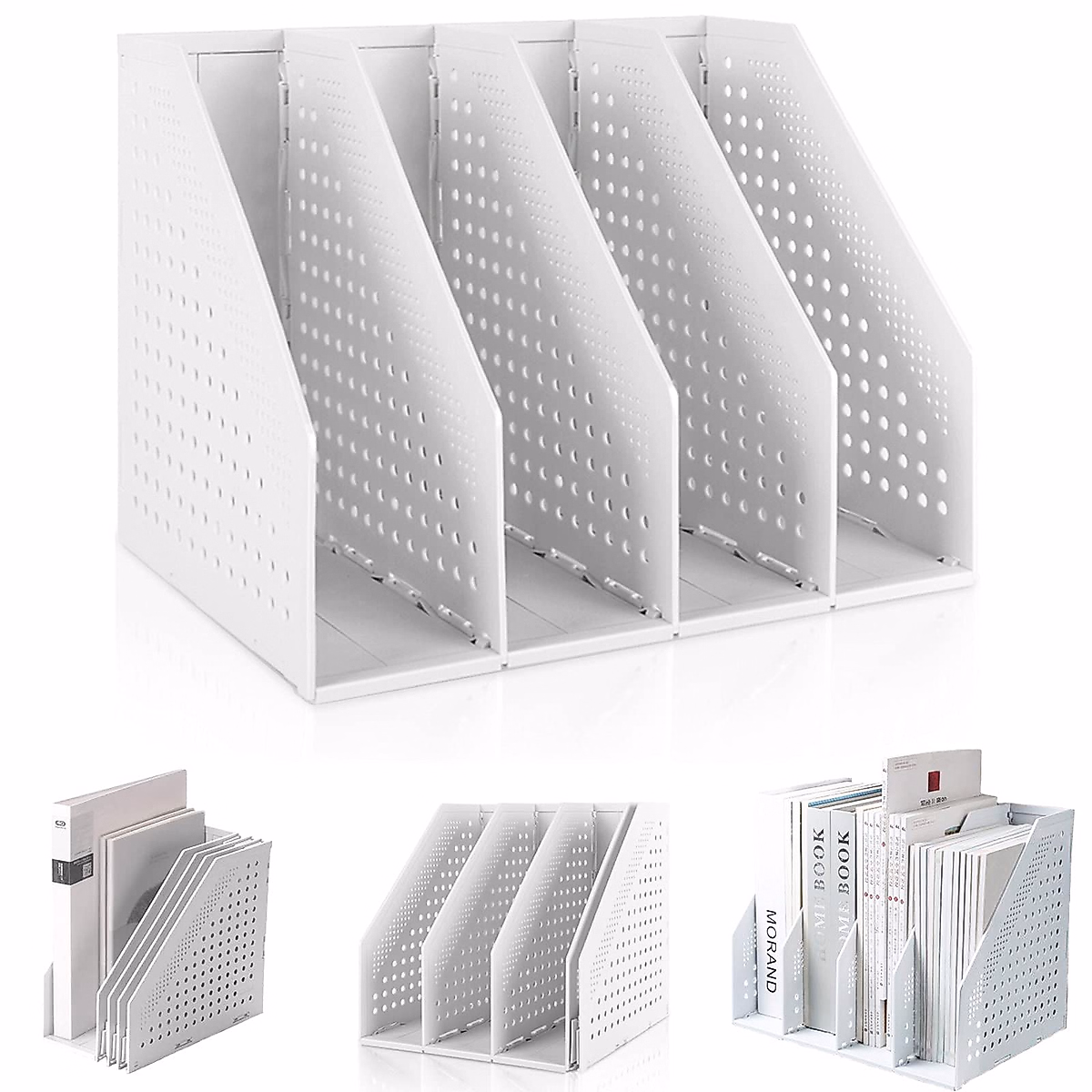 Lemical Freely Expanding 4 Vertical Compartment Collapsible Magazine File Holder Space Saving Rack Home Kitchen Desk Organizer No Need Assemble Gray