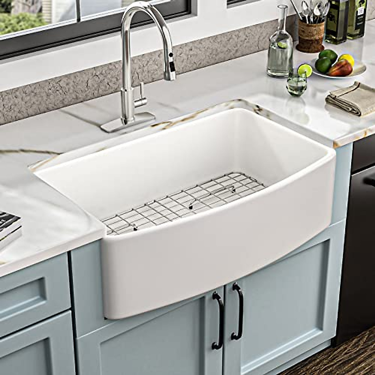 33 White Farm Sink - Fulorni 33"x20" Curved Apron Front Farmhouse Sink Single Bowl Ceramic Porcelain Fireclay Farmer Style Kitchen Sink Basin