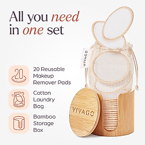 VIVAGO Reusable Cotton Rounds for Face - (20 Pack) Soft Reusable Makeup Remover Pads with Washable Drawstring Laundry Bag & Bamboo Holder - All Skin Type Skincare Set Facial Cleaning Cloth
