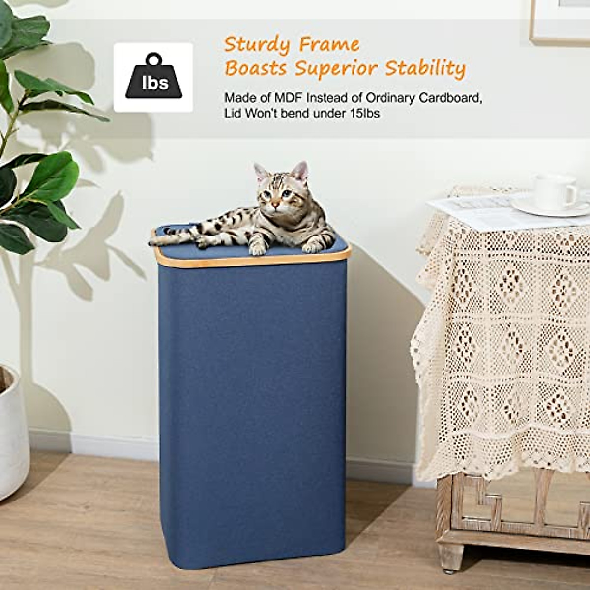 BRIAN & DANY Laundry Basket with Lid, Large Collapsible Laundry Baskets with Bamboo Handles, Laundry Hamper with Removable Bag Liner for Bathroom and Bedroom - Blue
