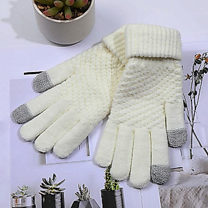 Eseres Beige Gloves for Women Warm Gloves Unisex Knitted Warm Gloves for Women Touch Screen Fleece Lined Stretchy Mittens Women - Beige