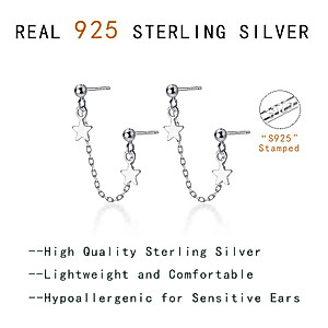 Reffeer 925 Sterling Silver Two Piercing Cute Ball Star Stud Chain Earrings Climber Ball Star Cuff Earrings Helix for Women Teen (Silver)
