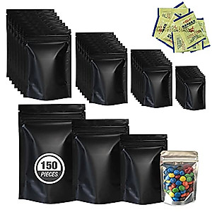 Smell Proof Can Resealable Smell Proof Bags Mylar Bags with Oxygen Absorbers Pack Resealable mylar bags Resealable bags Mylar Ziplock Bags Food Storage Packaging 4 different sizes 150 pieces (Black)