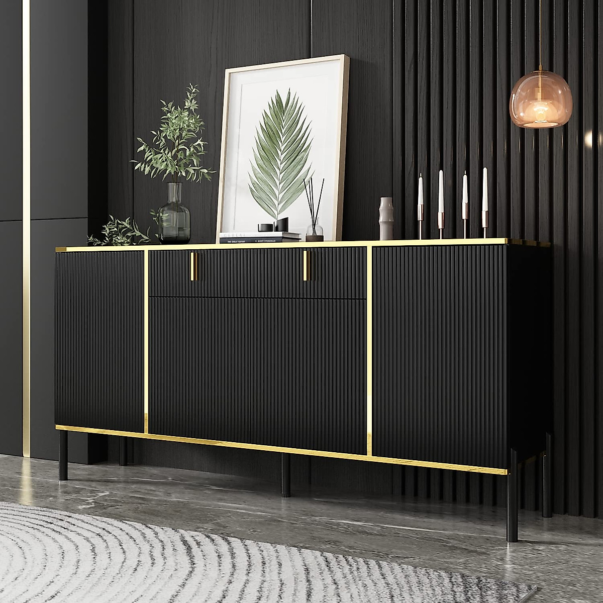 AIEGLE Modern 63" Long Buffet Sideboard Console Table, Kitchen Storage Cabinet with Drawer & 4 Doors, Buffet Server Bar Decorative Cupboard for Dining Living Room Entryway, Black & Golden