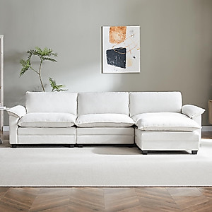 mestyl Comfy Modular Sectional Couch with Ottoman, 120" L Shaped 3 Deep Seat Fluffy Cloud Sofa, Modern Sleeper Sofas Soft Couches Set for Living Room, Apartment, Office, Studio, Chenille, Beige White