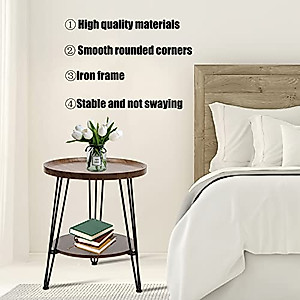 Round End Table, Small Side Table with Storage Shelf, 2-Tier Circular Rustic Vintage Table, Solid Telephone Table Nightstand for Living Room Bedroom Entryway, Black Metal Leg and Walnut Boards