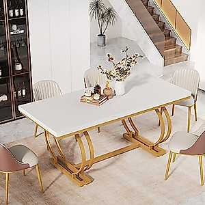 Tribesigns Modern Dining Table, 70.9 inches Wood Dinner Room Table for 6-8 People, Rectangular Kitchen Table with Gold Metal Circular Base for Kitchen, Dining Room, Living Room, White & Gold
