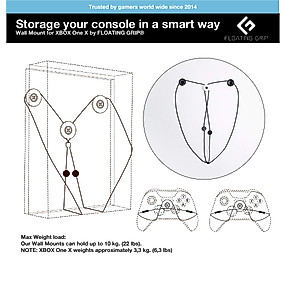 Xbox One X Wall Mount by FLOATING GRIP - Mounting Kit for Hanging Gaming Consoles - Strong & Slim Ropes - Easy-to-Install System (Bundle: Fits Xbox One X + x2 Controllers, Black)