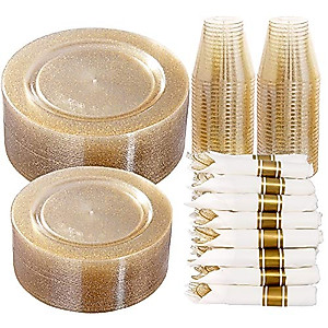 DaYammi 350 Pieces Gold Glitter Dinnerware Set 50 Guest for party- 50 Dinner Plates, 50 Dessert Plates -50 Per Rolled Napkins with Gold Cutlery - 50 Disposable Cups 9 OZ
