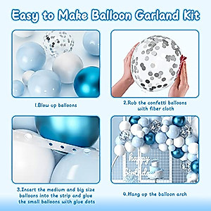Blue Balloons Garland Arch Kit, 136pcs Metallic Blue White Silver Confetti Balloons Baby Blue Balloon Arch Kit for Boy Baby Shower Birthday Wedding Frozen Party Decorations
