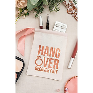 MEJOY 10pcs Wedding Party Favor Bags,Rose Gold Foil Gift Bags,HANGOVER Bags, Hangover Kit Bags for Bridal Shower Bachelorette Recovery Kit Bags Cotton Muslin Drawstring Bag (ROSE RING, 5"x7")