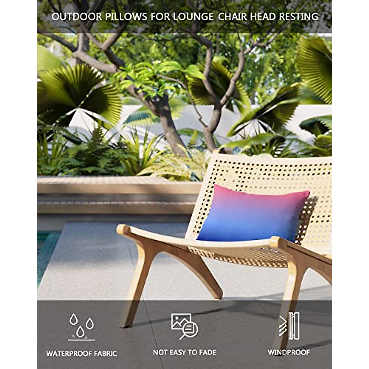 Recliner Head Pillow Ledge Loungers Chair Pillows with Insert Pink Blue Gradient Lumbar Pillow with Adjustable Strap Outdoor Waterproof Patio Pillows for Couch Beach Pool Office Chair, 2 PCS